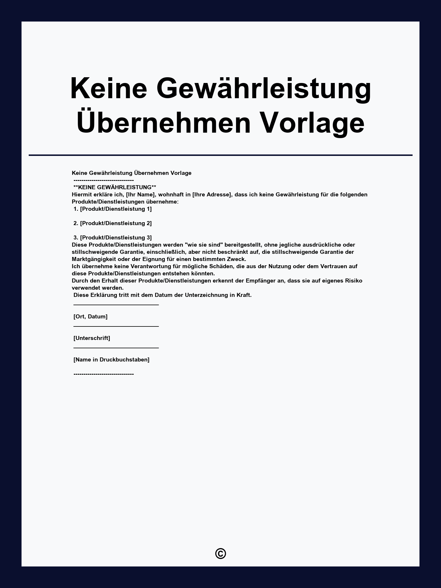 Keine Gewährleistung Übernehmen Vorlage